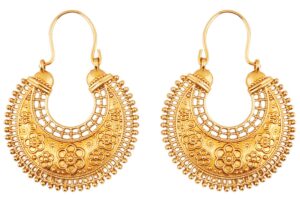 touchstone indian bollywood pretty fringes and floral theme ethnic south indian chandbali moon bridal designer jewelry chandelier earrings for women in antique gold tone.