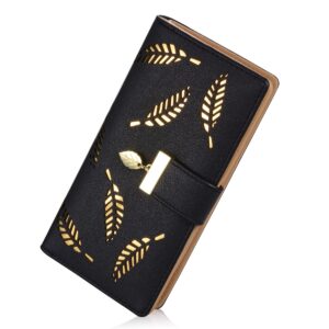 sweet cute chocolate women's long leaf bifold wallet leather card holder purse zipper buckle elegant clutch wallet handbag for women - black