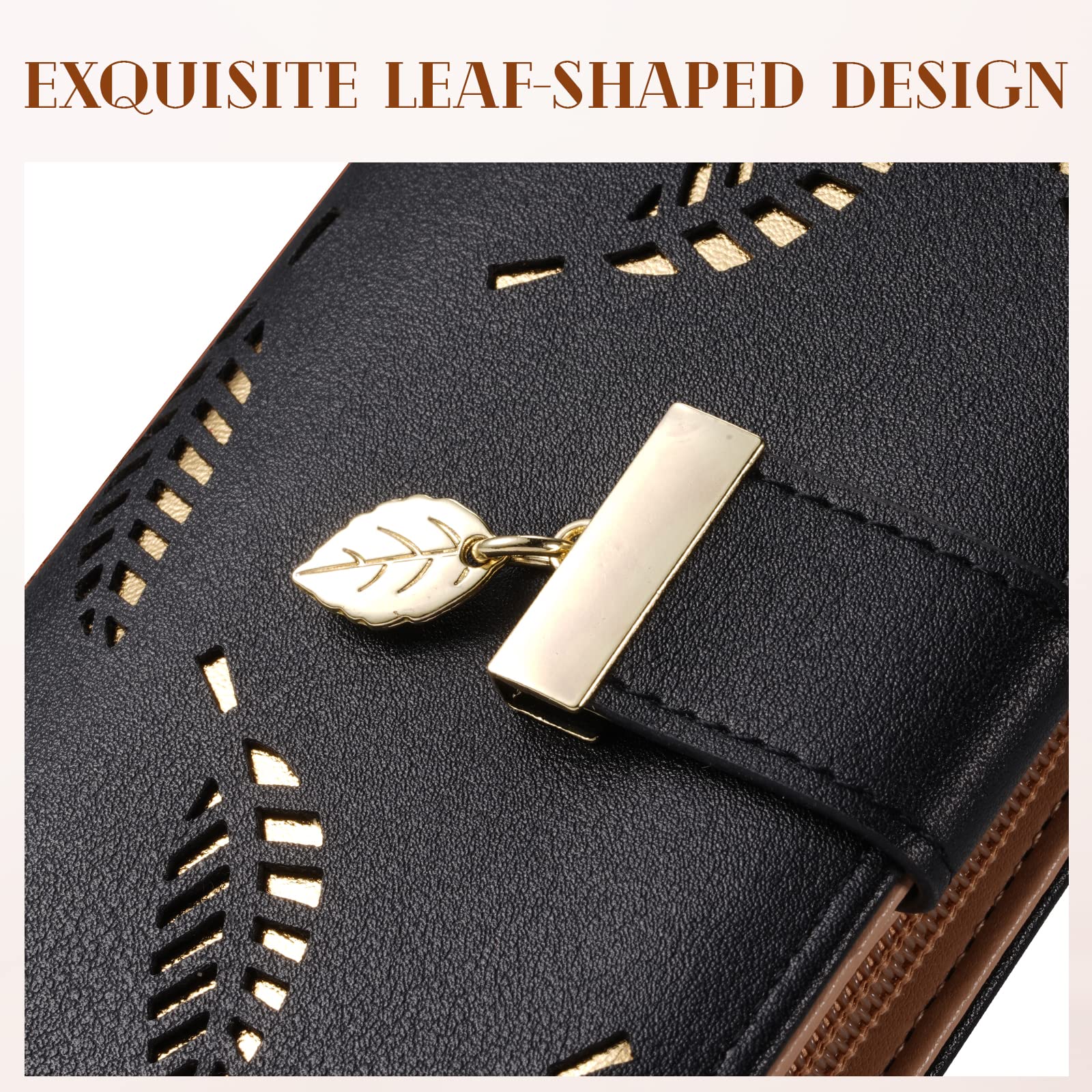 Sweet Cute Chocolate Women's Long Leaf Bifold Wallet Leather Card Holder Purse Zipper Buckle Elegant Clutch Wallet Handbag for Women - Black