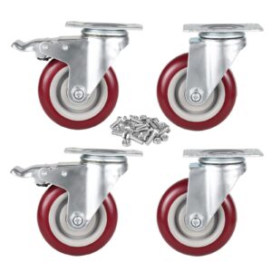 4 inch caster wheels, set of 4, heavy duty casters load 2400lbs with brakes & top plate, 360-degree swivel casters for furniture and workbench cart (free hardware kit)