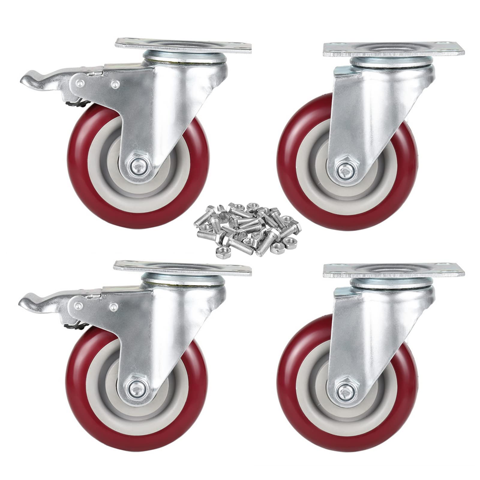 4 Inch Caster Wheels, Set of 4, Heavy Duty Casters Load 2400lbs with Brakes & Top Plate, 360-degree Swivel Casters for Furniture and Workbench Cart (Free Hardware Kit)