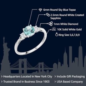 Gem Stone King 10K White Gold 6MM Round Gemstone Birthstone White Created Sapphire & White Diamond Accent 3-Stone Engagement Ring | Three-Stone Wedding Anniversary Promise Ring For Women