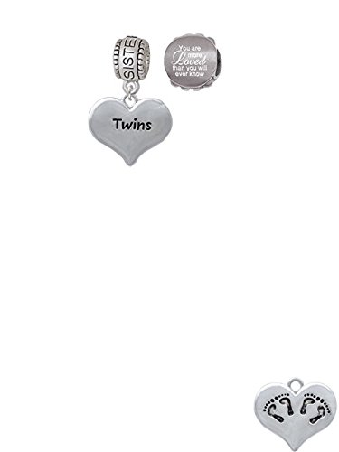 Delight Jewelry Twins Heart with Two Pair of Baby Feet Sister Charm Bead with You Are More Loved Bead (Set of 2)