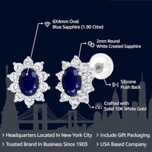 Gem Stone King 10K White Gold Oval Gemstone Birthstone and White Created Sapphire Halo Stud Earrings | Oval 6X4MM | Gold Earrings for Women