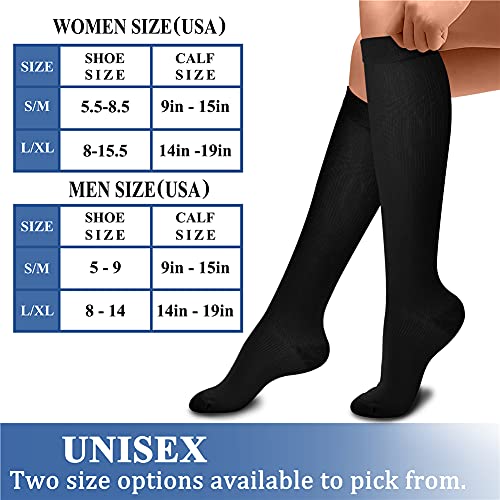 CHARMKING Compression Socks for Women & Men (8 Pairs) 15-20 mmHg Graduated Copper Support Socks are Best for Pregnant, Nurses - Boost Performance, Circulation, Knee High & Wide Calf (S/M, Black)