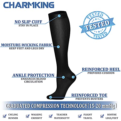 CHARMKING Compression Socks for Women & Men (8 Pairs) 15-20 mmHg Graduated Copper Support Socks are Best for Pregnant, Nurses - Boost Performance, Circulation, Knee High & Wide Calf (S/M, Black)