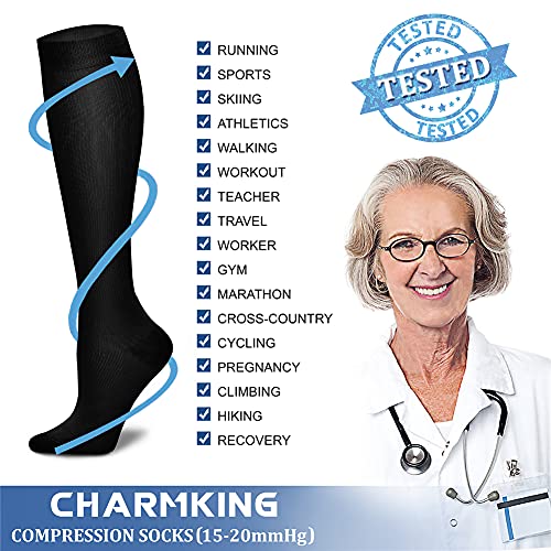 CHARMKING Compression Socks for Women & Men (8 Pairs) 15-20 mmHg Graduated Copper Support Socks are Best for Pregnant, Nurses - Boost Performance, Circulation, Knee High & Wide Calf (S/M, Black)