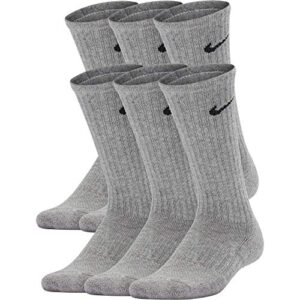 nike kids' performance cushioned crew training socks (6 pair), girls & boys' socks with cushioned comfort & dri-fit technology, dark grey heather/black, s