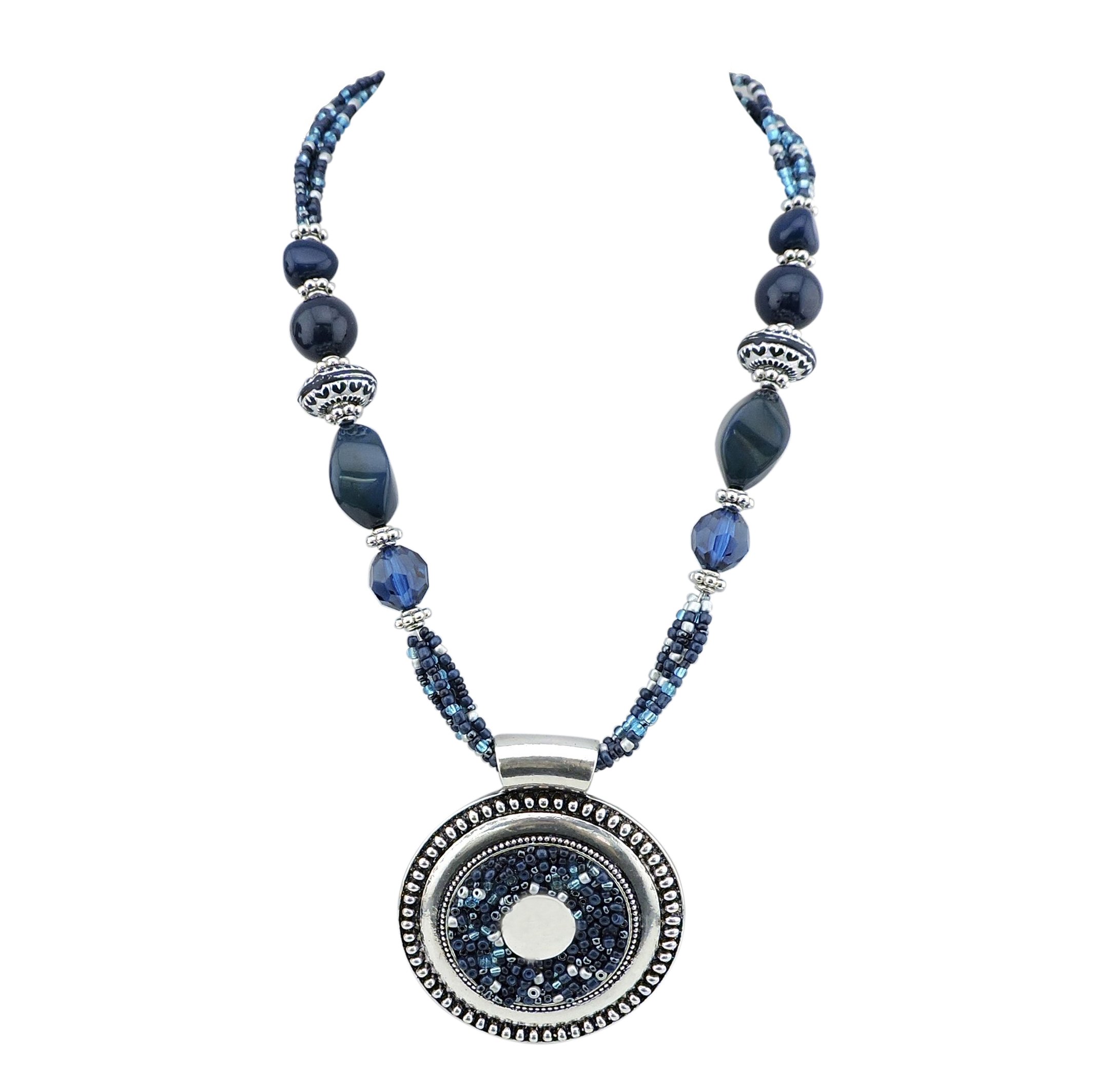 Bocar Statement Aquamarine Seed Beads Chunky Collar Pendant Necklace (NK-10343-navy blue)