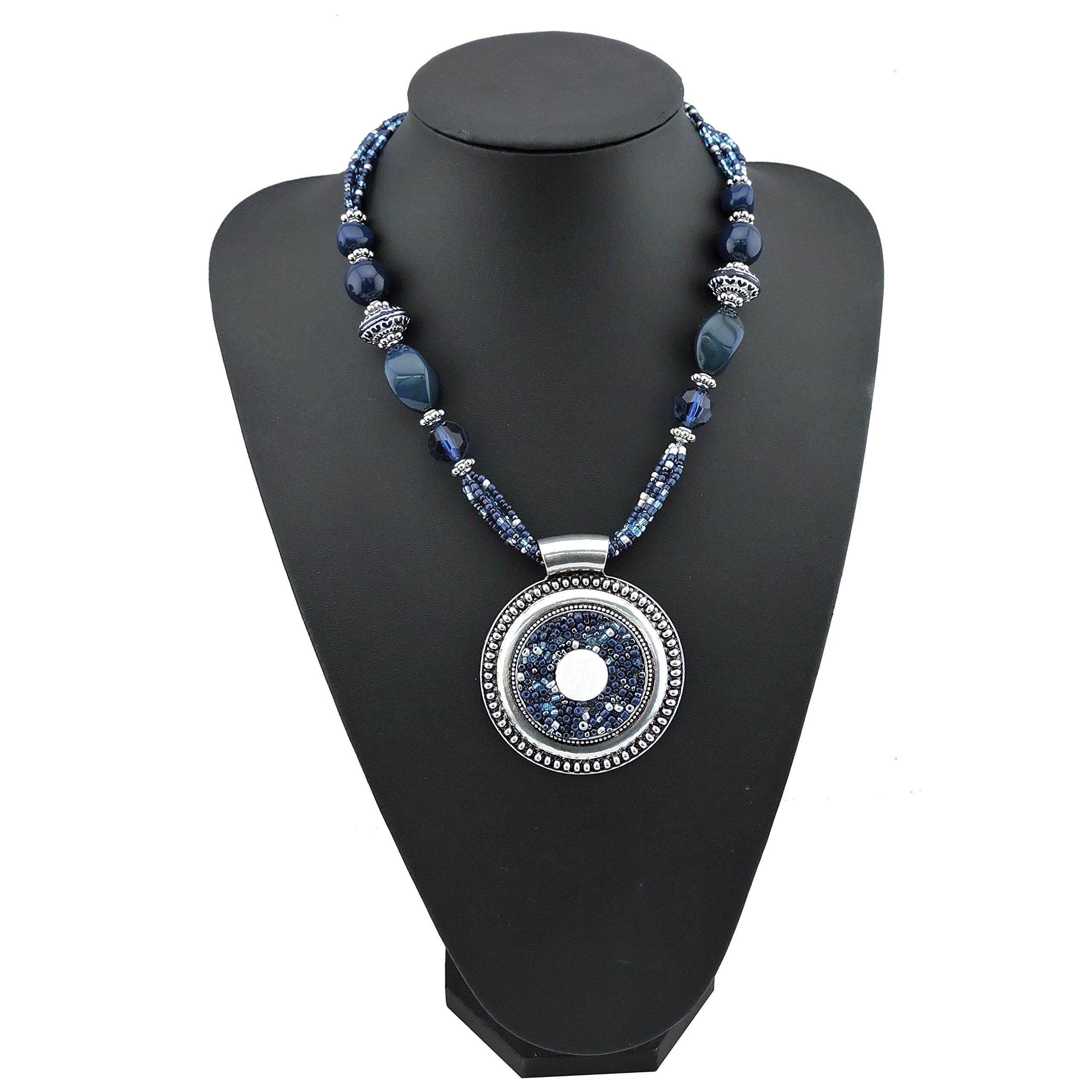 Bocar Statement Aquamarine Seed Beads Chunky Collar Pendant Necklace (NK-10343-navy blue)