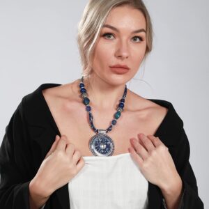 Bocar Statement Aquamarine Seed Beads Chunky Collar Pendant Necklace (NK-10343-navy blue)