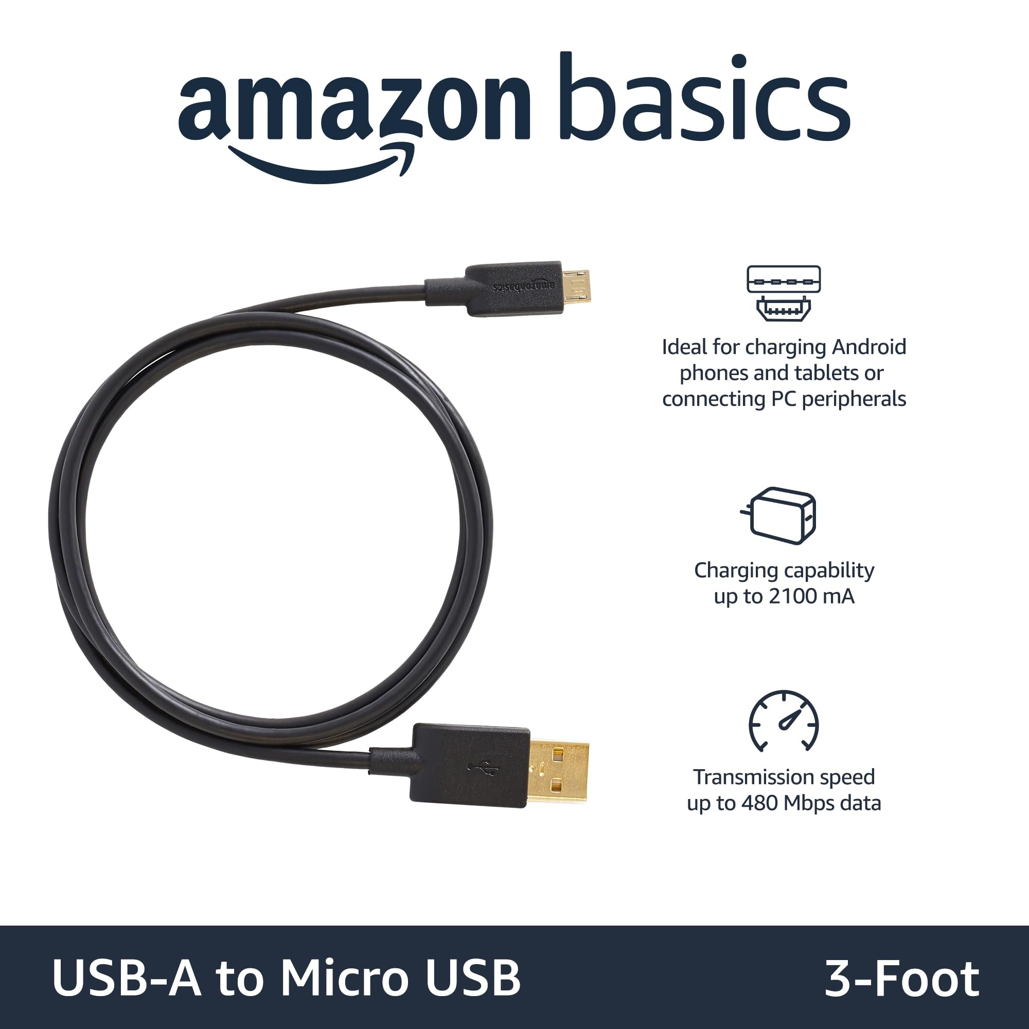 Amazon Basics USB-A to Micro USB Fast Charging Cable, 480Mbps Transfer Speed with Gold-Plated Plugs, USB 2.0, 3 Foot, Black