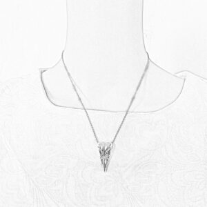 JJG Vintage Antiqued Silver Crow Raven Skull Necklace with Stainless Steel Chain 18' (Raven Skull)