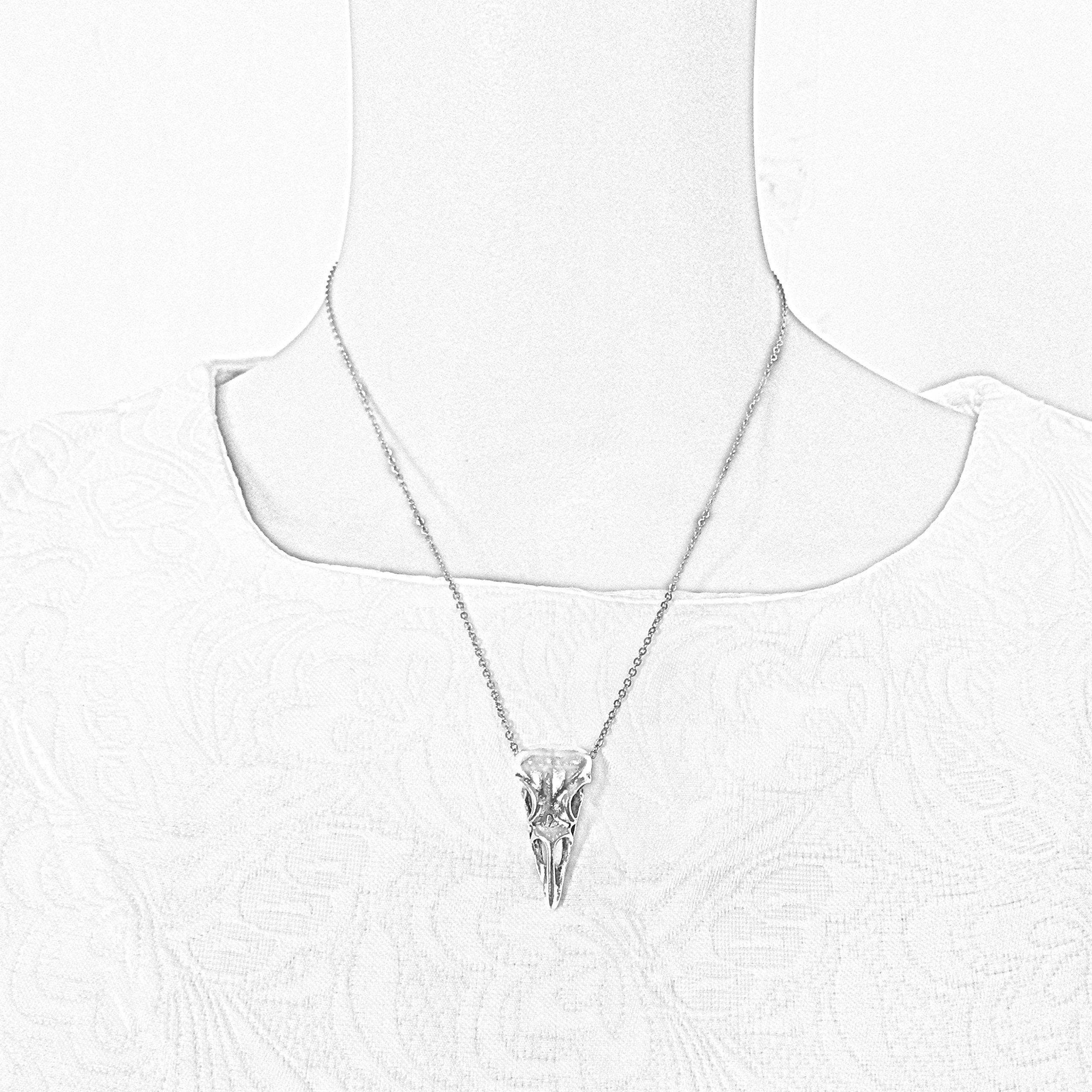 JJG Vintage Antiqued Silver Crow Raven Skull Necklace with Stainless Steel Chain 18' (Raven Skull)