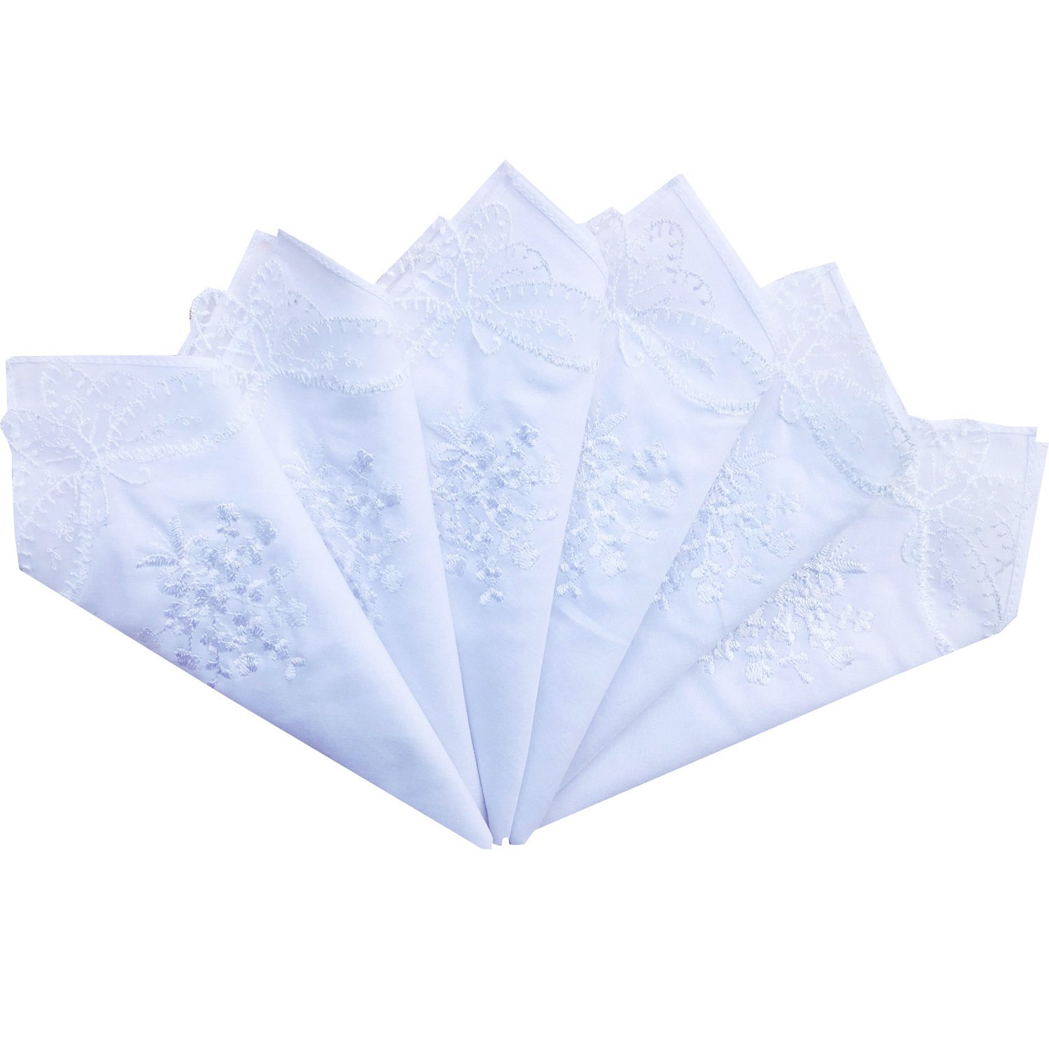 Womens White Flower Embroidered 100% Cotton Handkerchiefs Lace