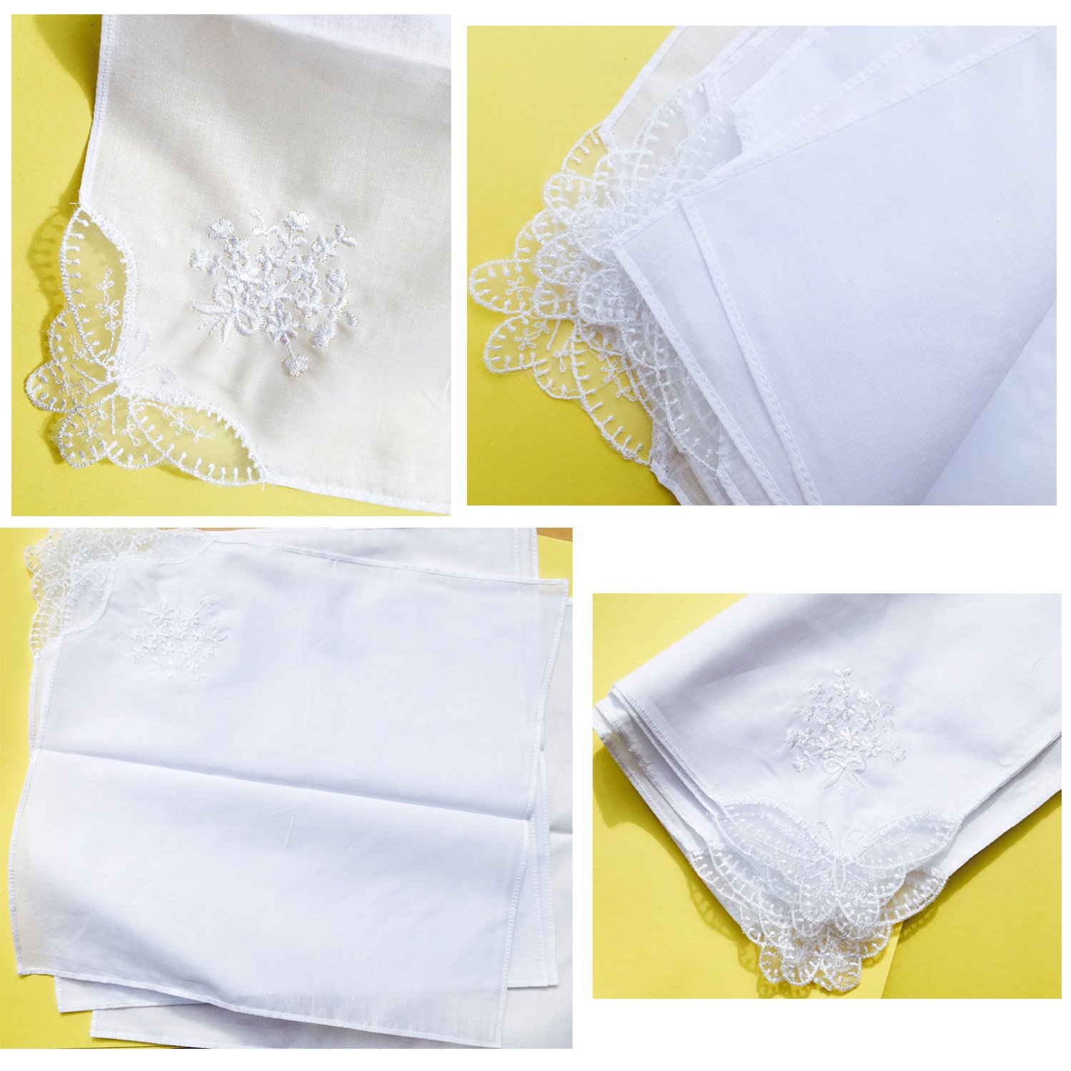 Womens White Flower Embroidered 100% Cotton Handkerchiefs Lace