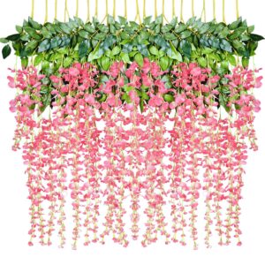 dearhouse 12 pack 1 piece 3.6 feet artificial fake wisteria vine ratta hanging garland silk flowers string home party wedding decor (pink)