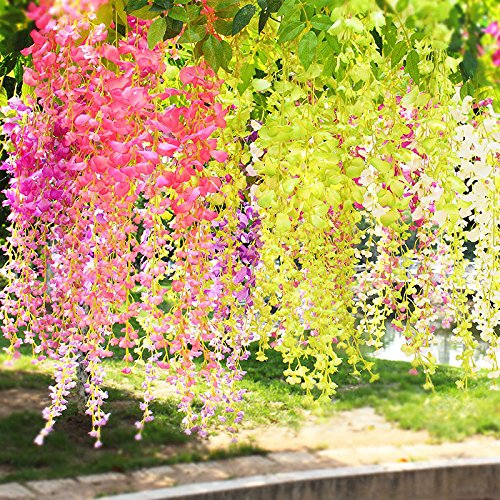 DearHouse 12 Pack 1 Piece 3.6 Feet Artificial Fake Wisteria Vine Ratta Hanging Garland Silk Flowers String Home Party Wedding Decor (Pink)