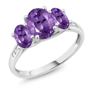 gem stone king 10k white gold purple amethyst and white diamond oval 3-stone engagement ring for women (1.70 cttw, gemstone february birthstone, available in size 5, 6, 7, 8, 9)