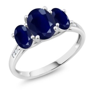 gem stone king 10k white gold blue sapphire and white diamond oval 3-stone engagement ring for women (2.89 cttw, gemstone september birthstone, available in size 5, 6, 7, 8, 9)