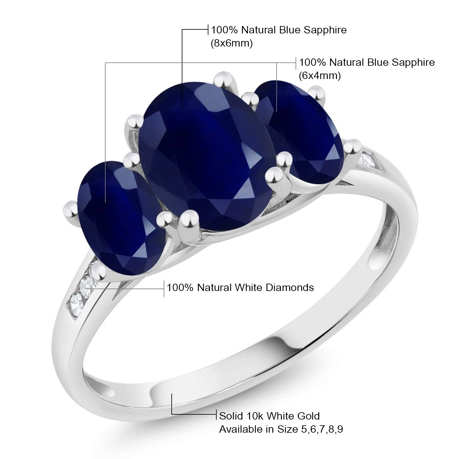 Gem Stone King 10K White Gold Blue Sapphire and White Diamond Oval 3-Stone Engagement Ring For Women (2.89 Cttw, Gemstone September Birthstone, Available In Size 5, 6, 7, 8, 9)