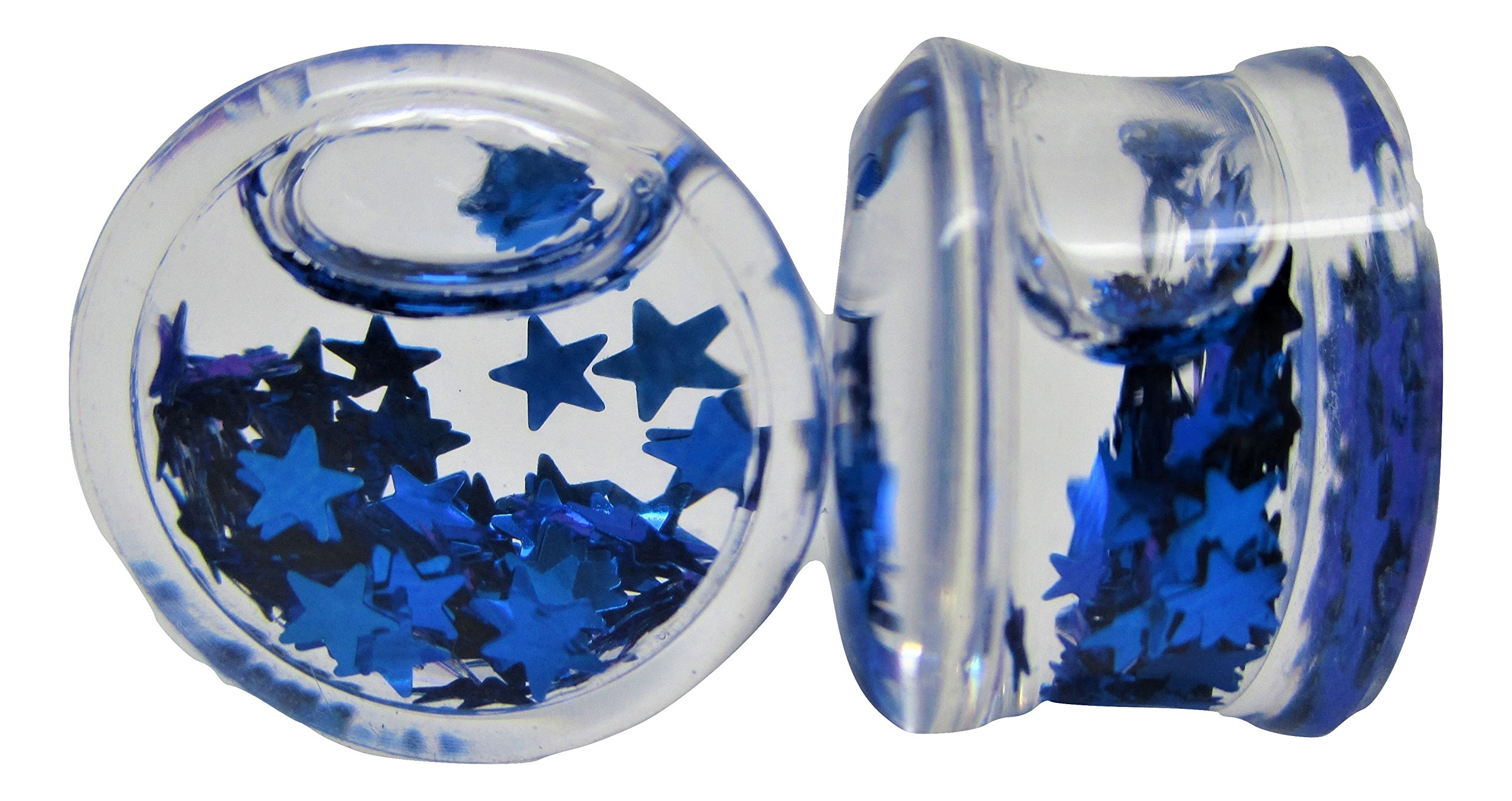 Pierced Republic Blue Star Glitter Liquid Filled Ear Plugs - Double Flared - 6 Sizes - Pair (0 Gauge (8mm))