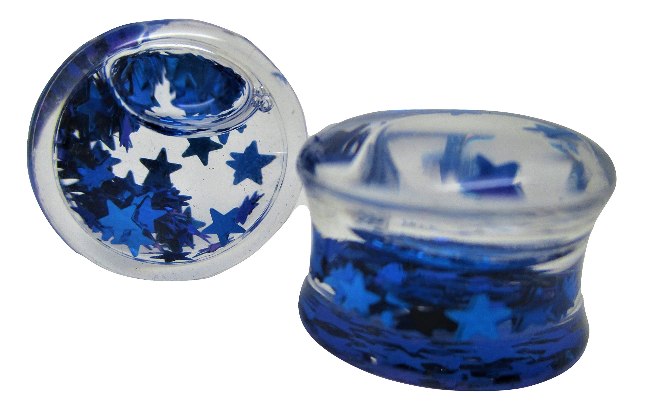 Pierced Republic Blue Star Glitter Liquid Filled Ear Plugs - Double Flared - 6 Sizes - Pair (0 Gauge (8mm))