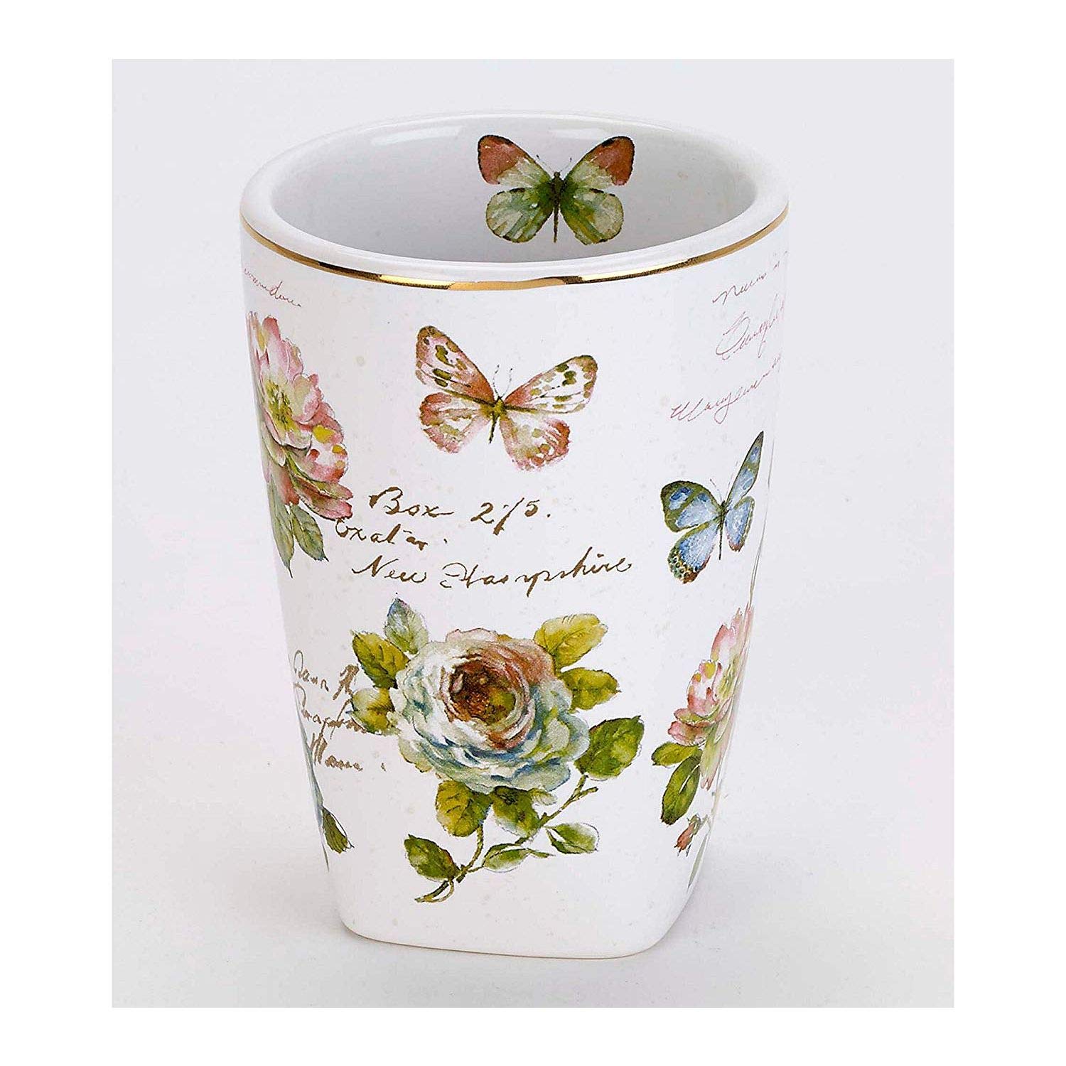 Avanti Linens - Tumbler, Decorative Countertop Cup, Floral Design (Butterfly Garden Collection),White