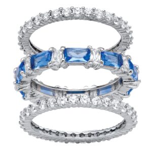 palmbeach platinum-plated emerald cut simulated blue sapphire and baguette cubic zirconia 3 piece set bridal eternity ring sizes 6-10 size 10