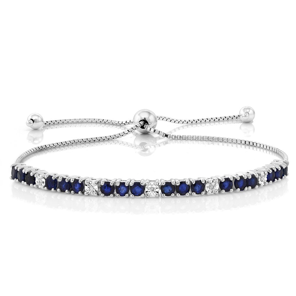 Gem Stone King 925 Sterling Silver Blue Sapphire and White Diamond Tennis Bracelet Jewelry for Women (2.05 Cttw, Gemstone Birthstone, Fully Adjustable Up to 9 Inch)