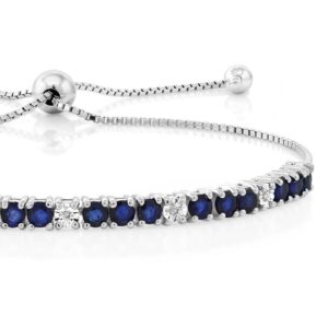 Gem Stone King 925 Sterling Silver Blue Sapphire and White Diamond Tennis Bracelet Jewelry for Women (2.05 Cttw, Gemstone Birthstone, Fully Adjustable Up to 9 Inch)