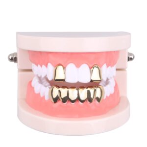 gold grillz mouth teeth 24k plated gold custom fit top & bottom set caps grillz for women gift + extra molding bars + microfiber cloth