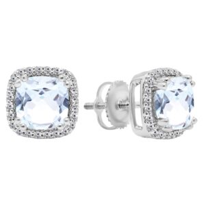 dazzlingrock collection 6.5mm cushion aquamarine & round white diamond halo style screw back stud earrings for her in 14k white gold