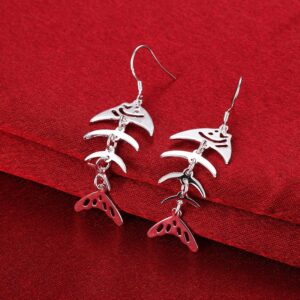 Sterling Silver Plated Earrings Drop Dangle Fish Hook Fish Bones .68" L383