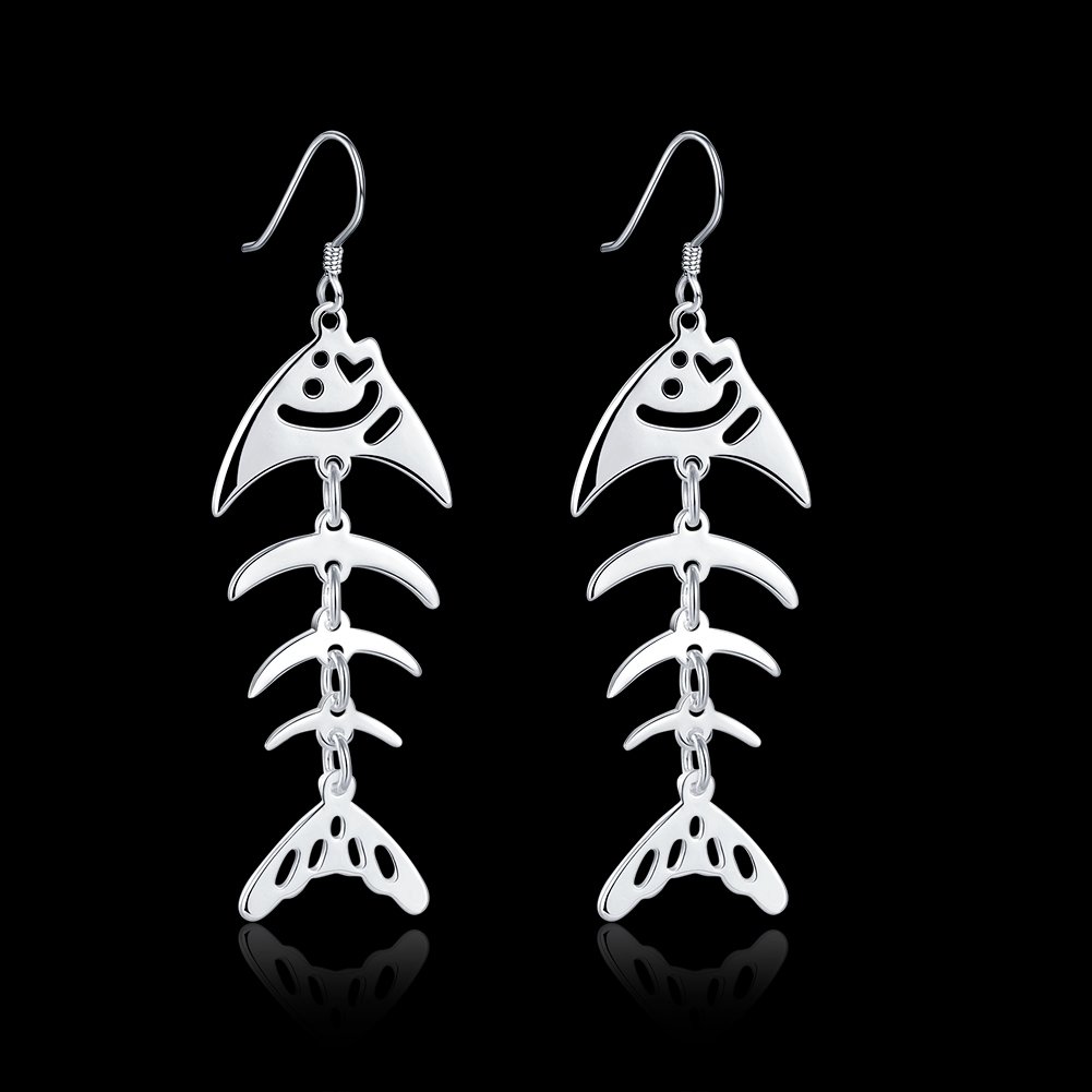 Sterling Silver Plated Earrings Drop Dangle Fish Hook Fish Bones .68" L383