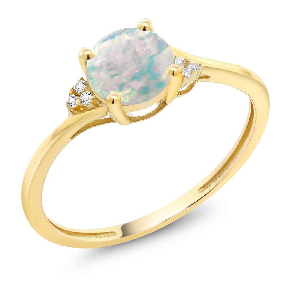 Gem Stone King 10K Yellow Gold Cabochon White Simulated Opal and Diamond Accent Women's Engagement Ring (0.35 Cttw) (Size 7)