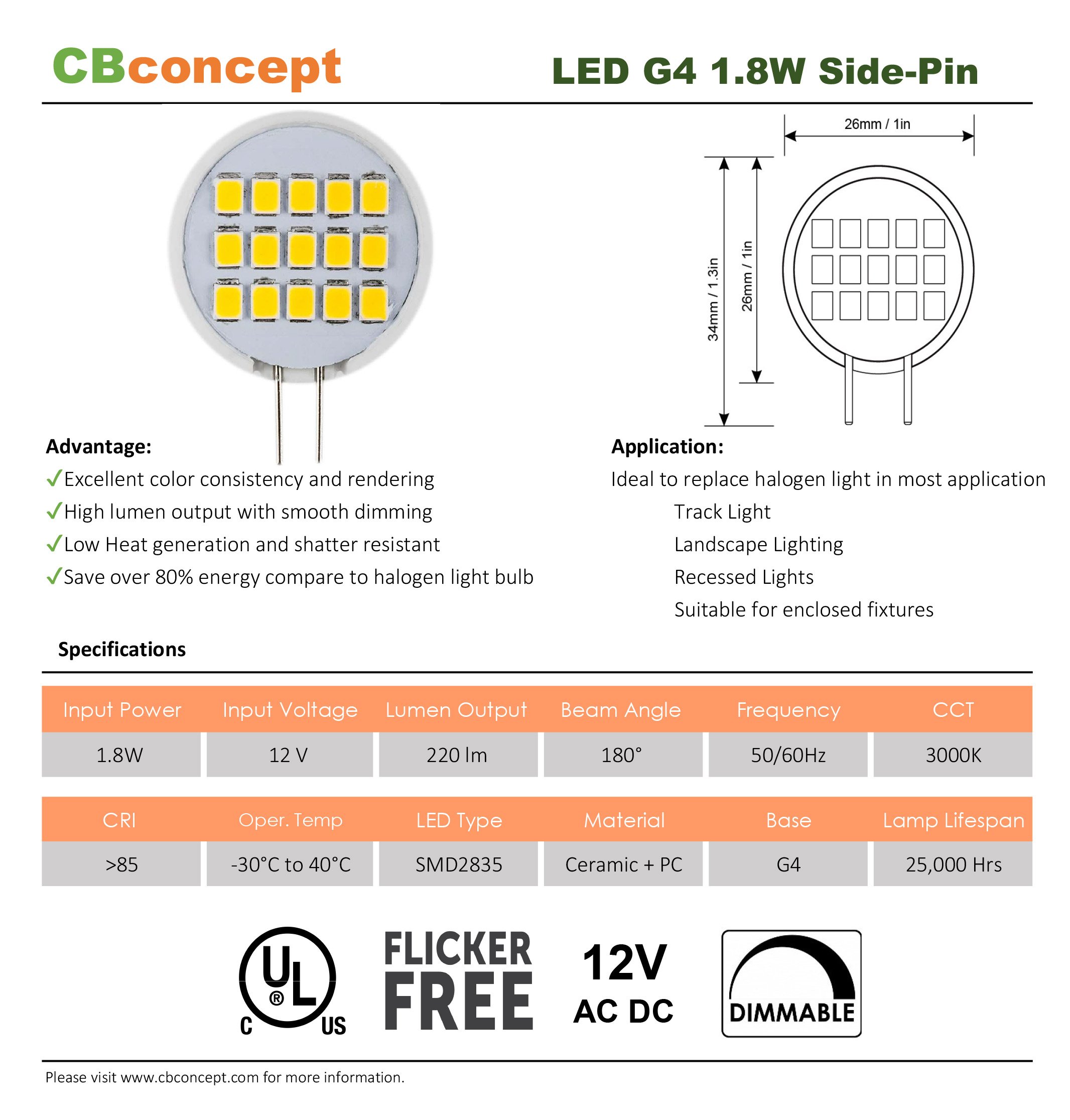 CBconcept UL Listed, SidePin G4 LED Light Bulb, 10 Pack, 1.8 Watt, Dimmable,220 Lumen, Warm White 3000K, 180 Degree Beam Angle, 12 Volt,20W Equivalent, G4 Bi Pin Base Halogen Replacement Bulb