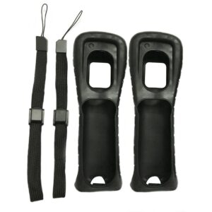 ambertown 2 x black silicone skin case cover with wrist strap for nintendo wii remote