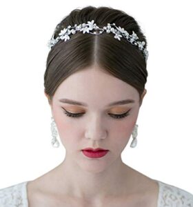 sweetv bridal pearl headband silver-leaf crystal bridal headpiece wedding hair accessories jewelry tiara for women, diameter: 14.5 cm