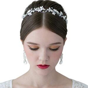 SWEETV Bridal Pearl Headband Silver-Leaf Crystal Bridal Headpiece Wedding Hair Accessories Jewelry Tiara for Women, Diameter: 14.5 cm