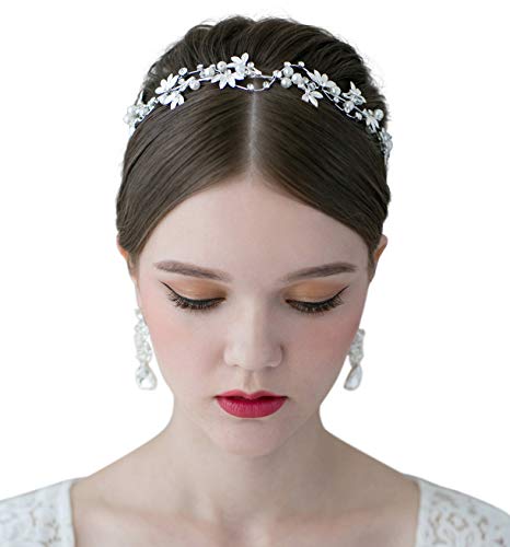 SWEETV Bridal Pearl Headband Silver-Leaf Crystal Bridal Headpiece Wedding Hair Accessories Jewelry Tiara for Women, Diameter: 14.5 cm