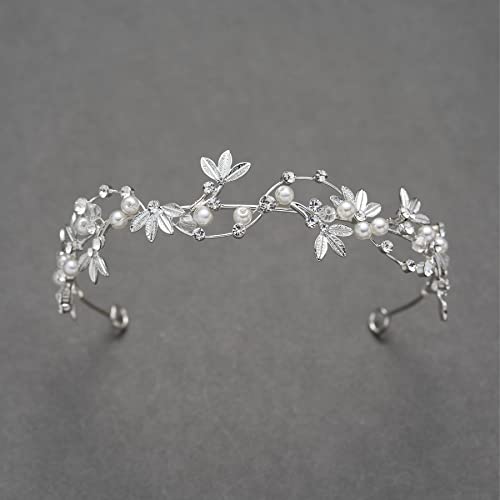 SWEETV Bridal Pearl Headband Silver-Leaf Crystal Bridal Headpiece Wedding Hair Accessories Jewelry Tiara for Women, Diameter: 14.5 cm