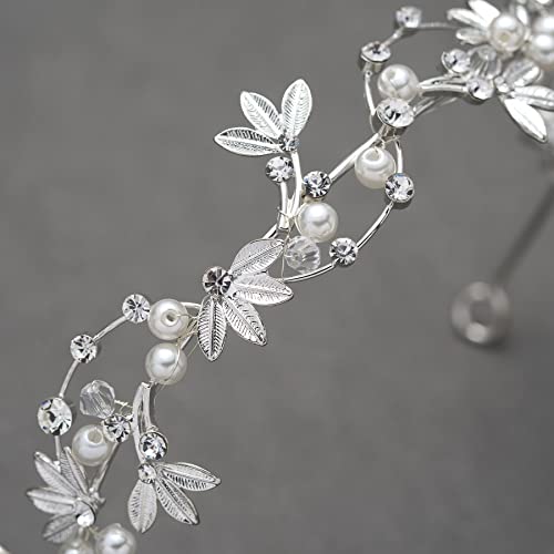 SWEETV Bridal Pearl Headband Silver-Leaf Crystal Bridal Headpiece Wedding Hair Accessories Jewelry Tiara for Women, Diameter: 14.5 cm