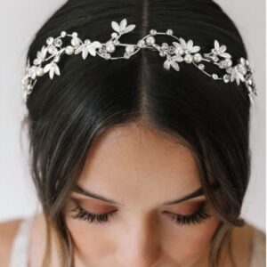 SWEETV Bridal Pearl Headband Silver-Leaf Crystal Bridal Headpiece Wedding Hair Accessories Jewelry Tiara for Women, Diameter: 14.5 cm