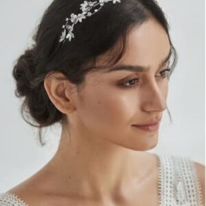 SWEETV Bridal Pearl Headband Silver-Leaf Crystal Bridal Headpiece Wedding Hair Accessories Jewelry Tiara for Women, Diameter: 14.5 cm