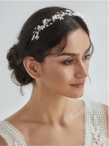 SWEETV Bridal Pearl Headband Silver-Leaf Crystal Bridal Headpiece Wedding Hair Accessories Jewelry Tiara for Women, Diameter: 14.5 cm