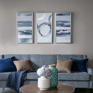 Madison Park, Grey Surrounding 3 Piece Set Wall Art, Gel Coated Canvas, Silver Frame, Modern Abstract Hand Embellished, Global Inspired Painting Living Room Accent Décor, Silver/Grey, 31.6 x 16.6