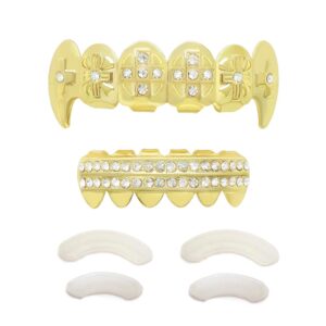 tsanly gold grillz teeth set 24k plated gold cz diamonds vampire fangs grillz top & bottom set iced out grill for son + extra molding bars + microfiber cloth