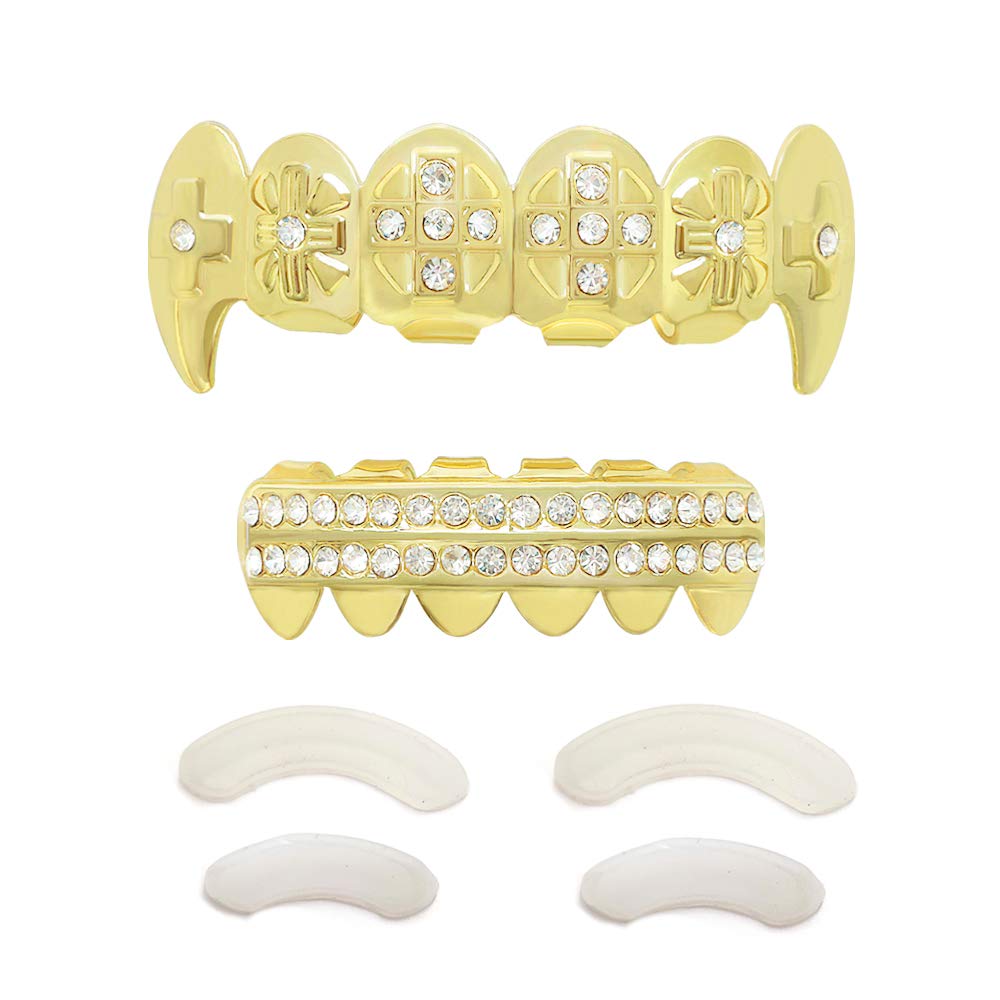 TSANLY Gold Grillz Teeth Set 24k Plated Gold CZ Diamonds Vampire Fangs Grillz Top & Bottom Set Iced Out Grill for Son + Extra Molding Bars + Microfiber Cloth