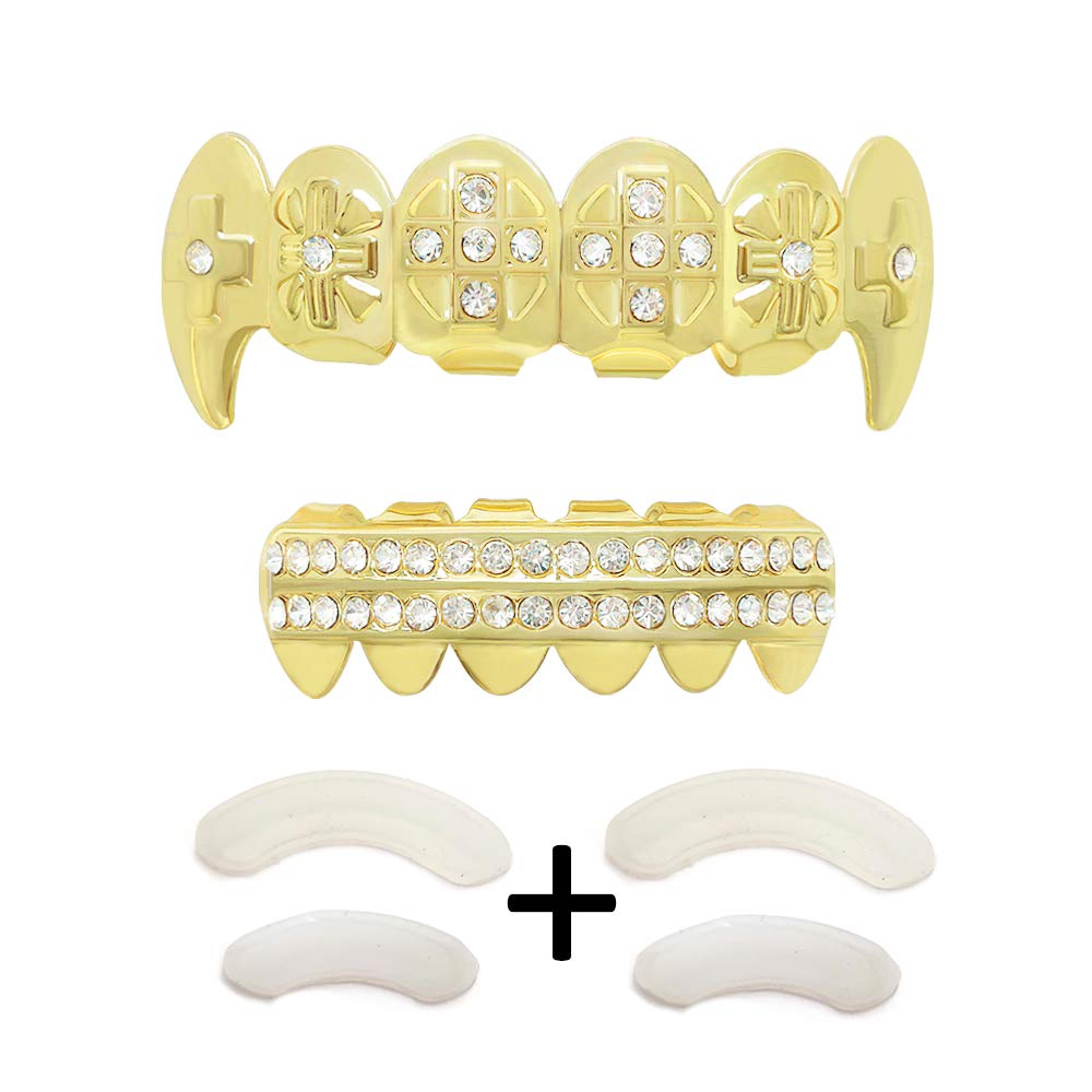 TSANLY Gold Grillz Teeth Set 24k Plated Gold CZ Diamonds Vampire Fangs Grillz Top & Bottom Set Iced Out Grill for Son + Extra Molding Bars + Microfiber Cloth